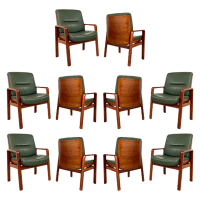 Set Van 10 Vintage Vergaderstoelen Van Groen Leer En Mahonie Multiplex ...